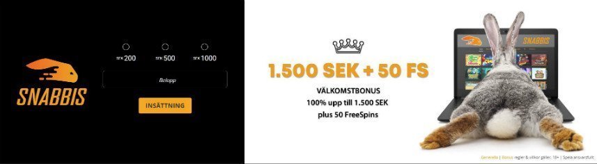 Snabbis Casino - 1500kr + 50 free spins i bonus! 2020